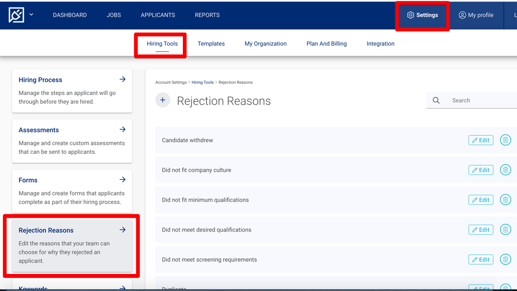 Setting and reporting on applicant rejection reasons