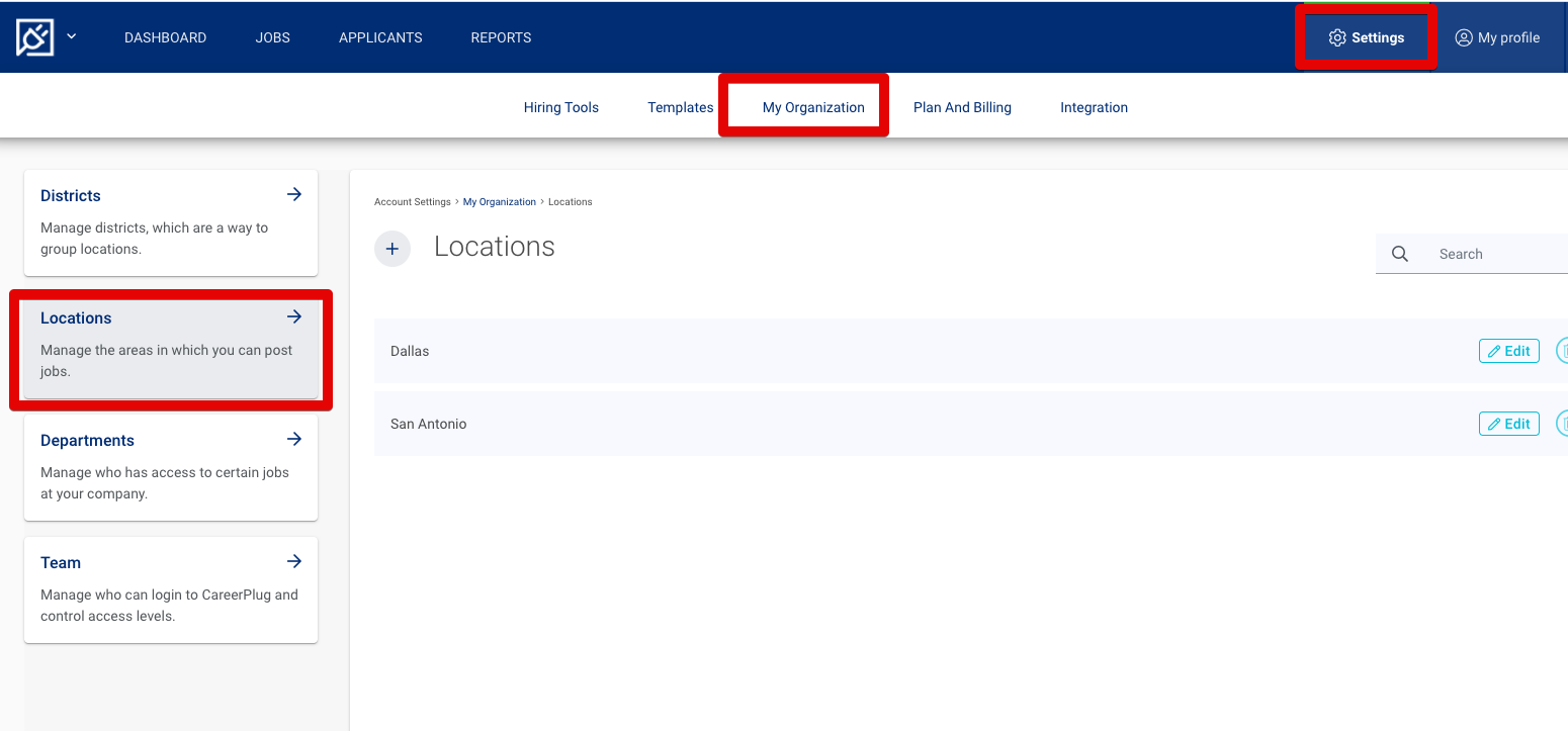 Giving users access to jobs and applicants via locations